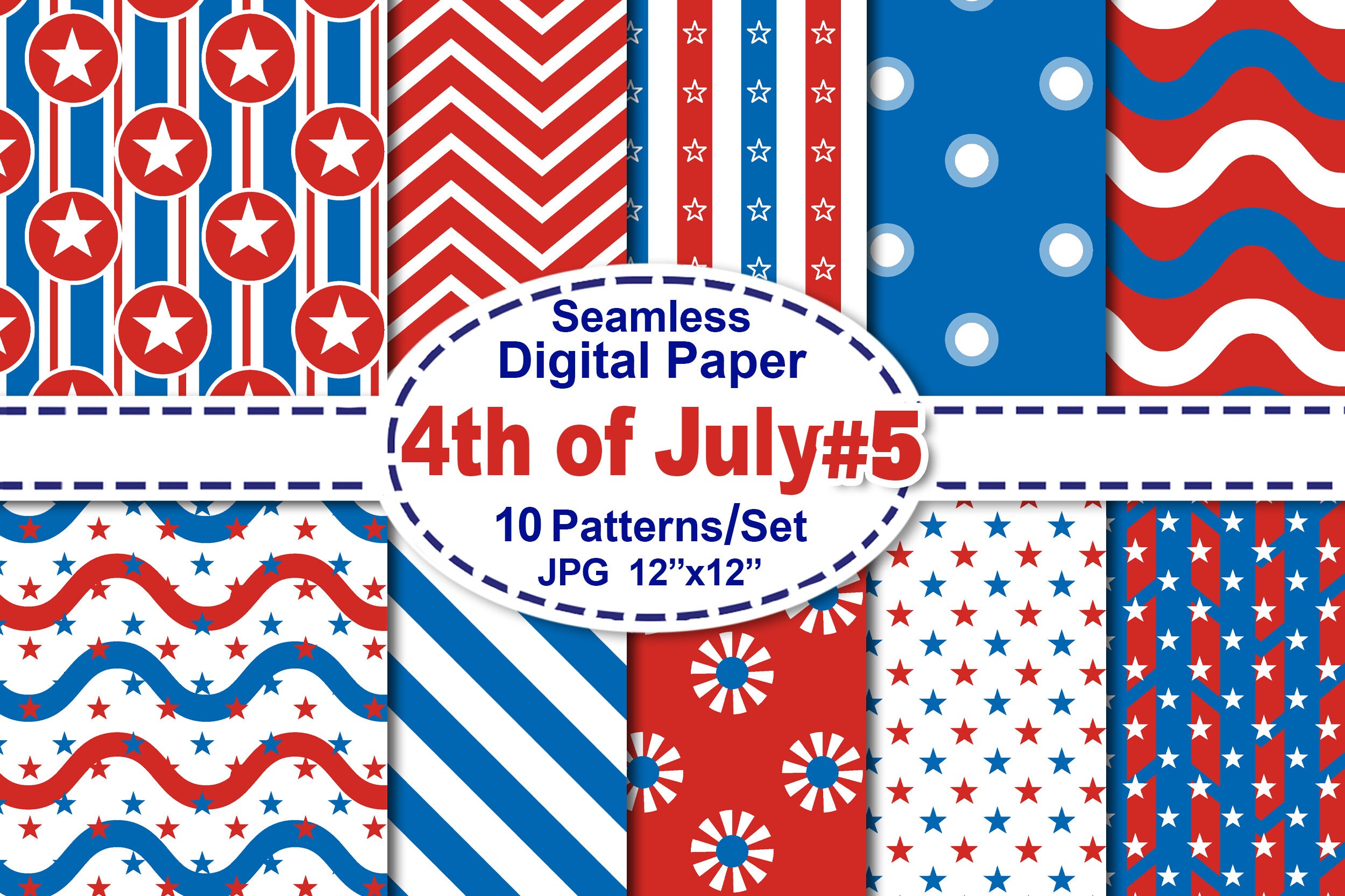 4th of July Digital Paper Set 5 Red White and Royal Blue American Flag ...