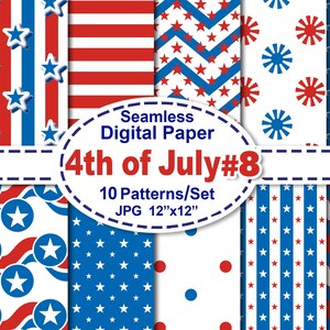 4th of July Digital Paper Set 8 - Red White and Royal Blue American ...
