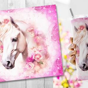 10 Watercolor Horse With Pink Roses Skinny Tumbler Wrap Realistic Paper ...