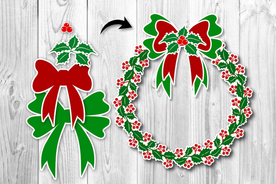 Christmas Wreath With Ribbon Bow SVG Clipart Design Elements - Etsy