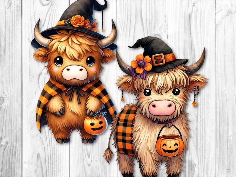 Halloween Highland Cow Clipart PNG | 12 Highland Cows With Witch Hat ...