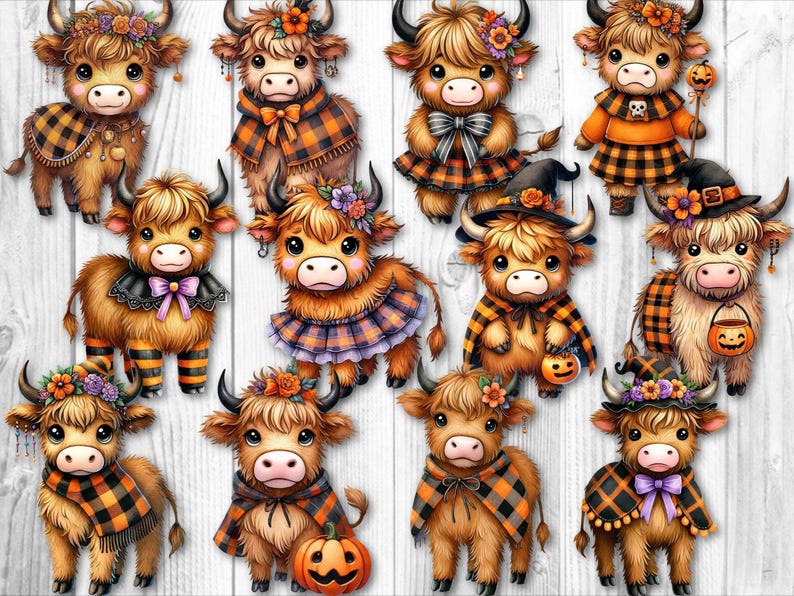 Halloween Highland Cow Clipart PNG | 12 Highland Cows With Witch Hat ...