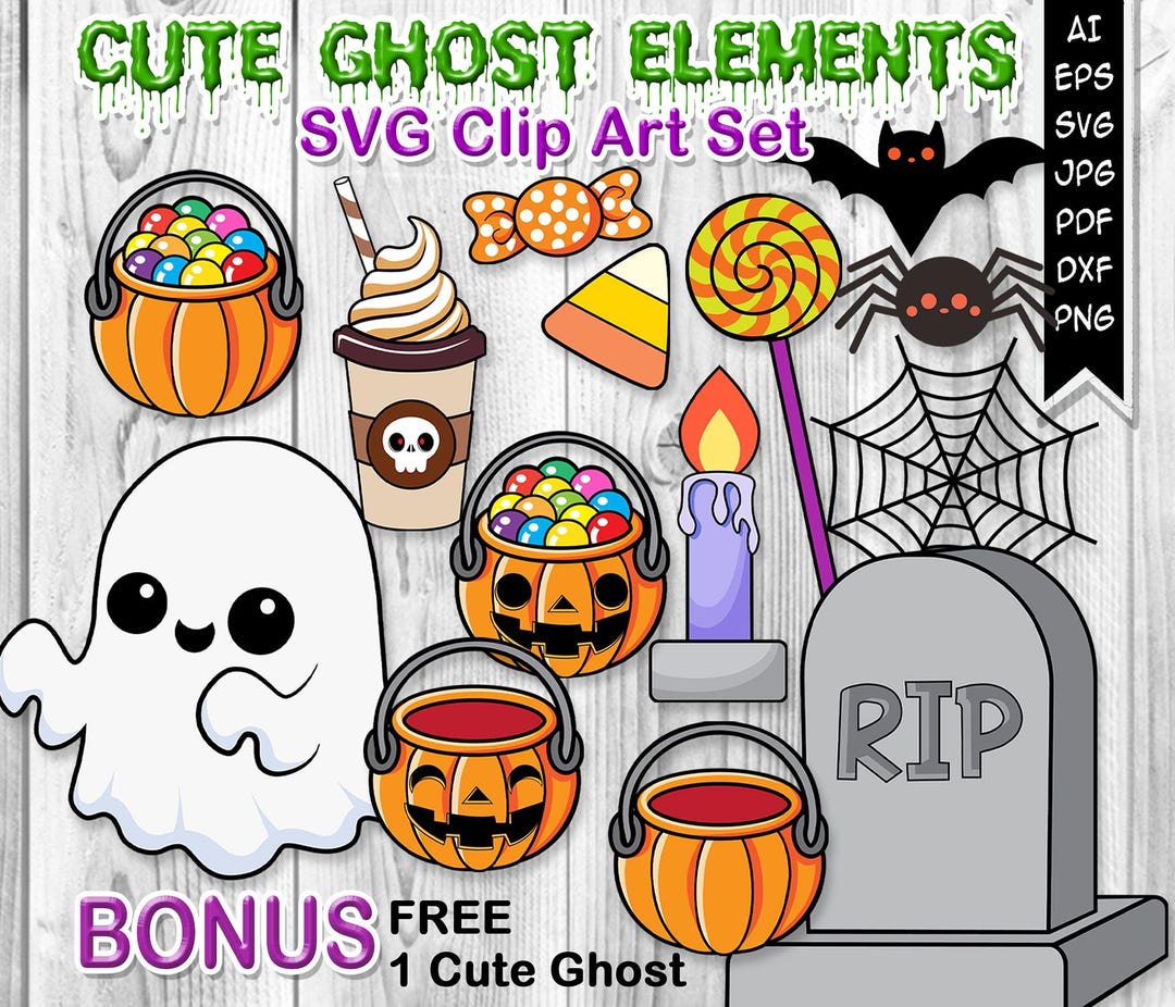 Halloween Cute Ghost Decor Elements SVG Clip Art Set, Digital Download ...