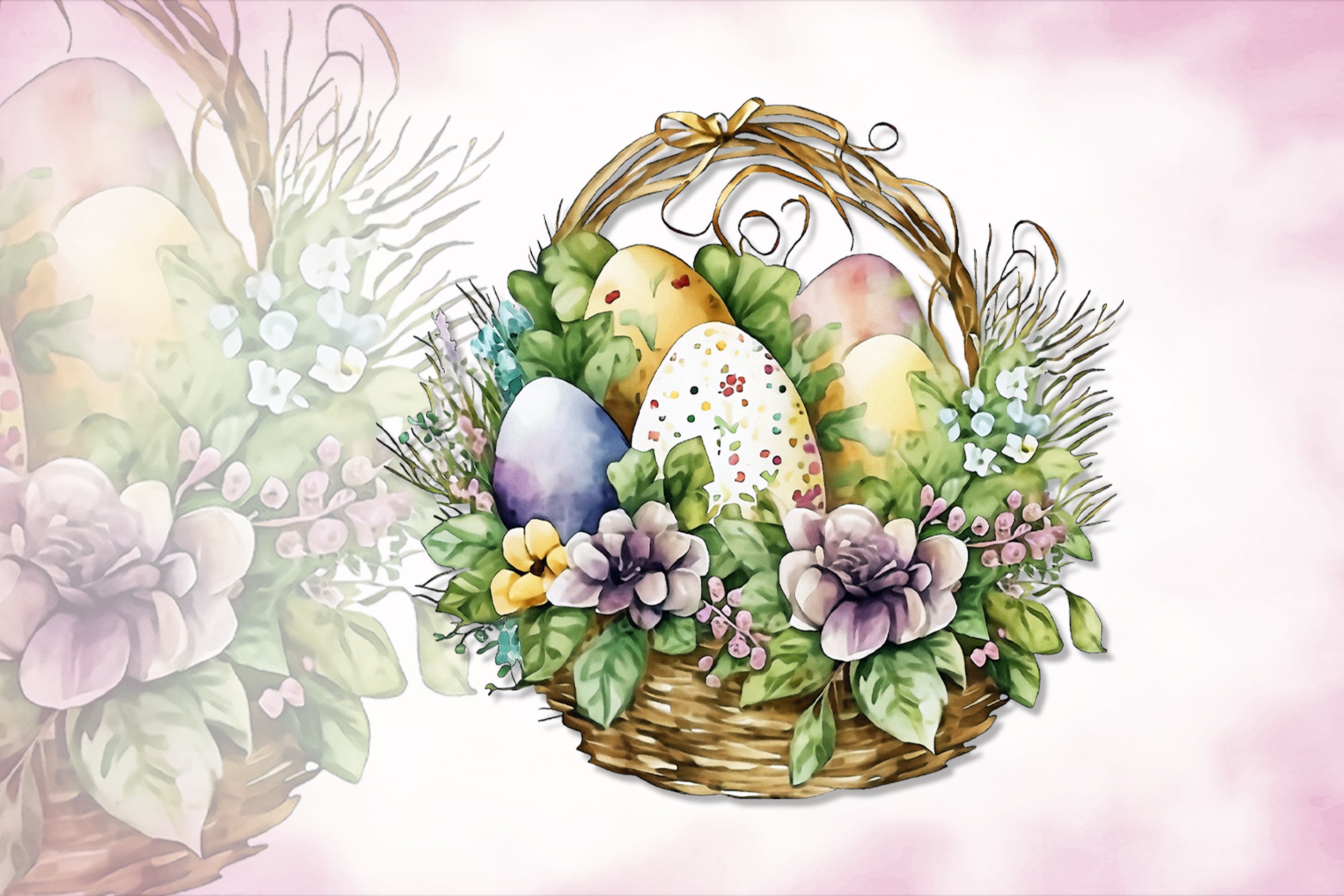 Easter Eggs in Floral Basket Watercolor Painting Clipart Sublimation ...