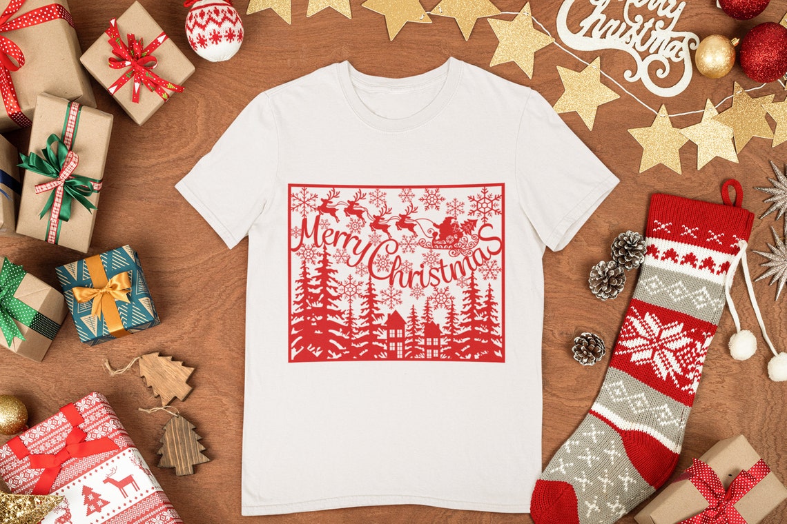 Merry Christmas Scene Silhouette Rectangle Design SVG Clipart - Etsy