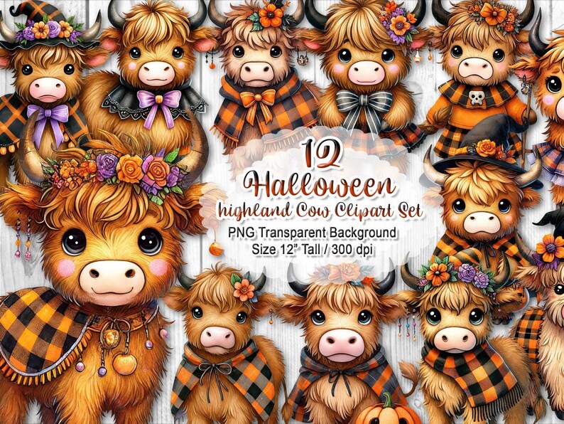 Halloween Highland Cow Clipart PNG | 12 Highland Cows With Witch Hat ...