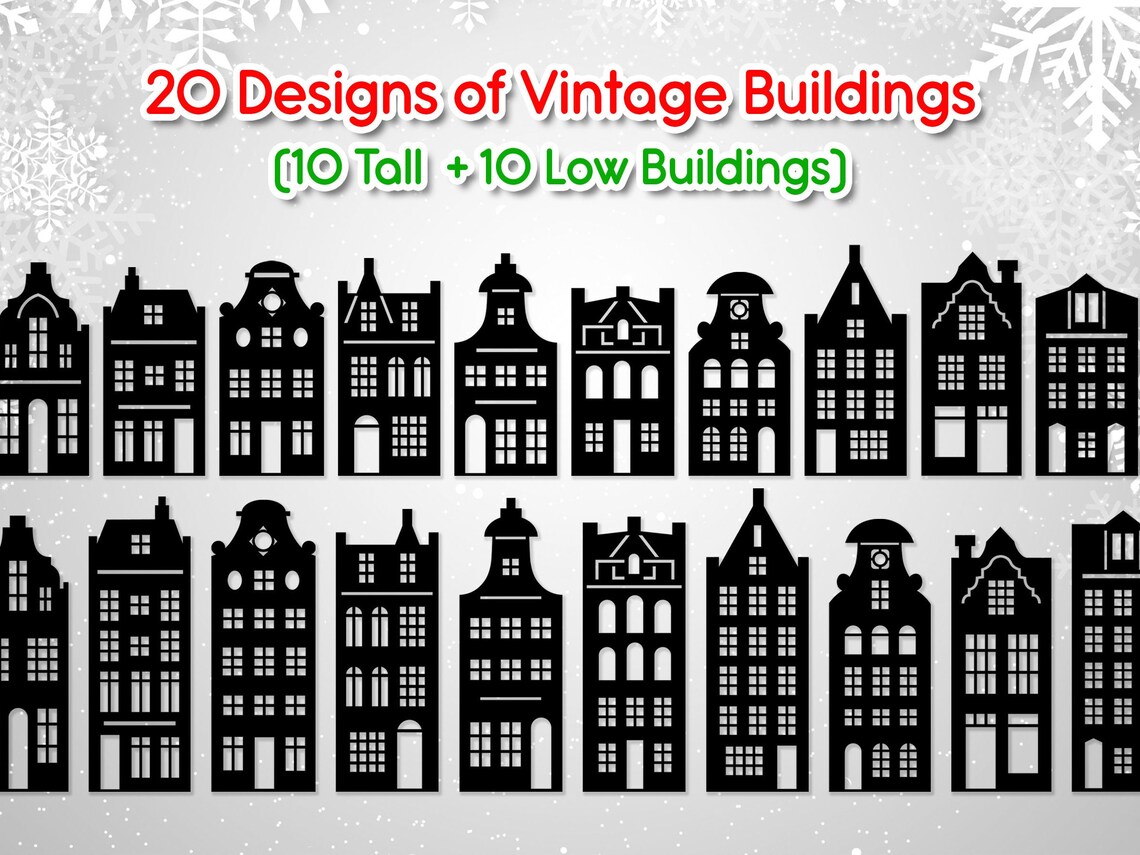 Vintage Buildings SVG 3 Designs Silhouette Outline White BG - Etsy
