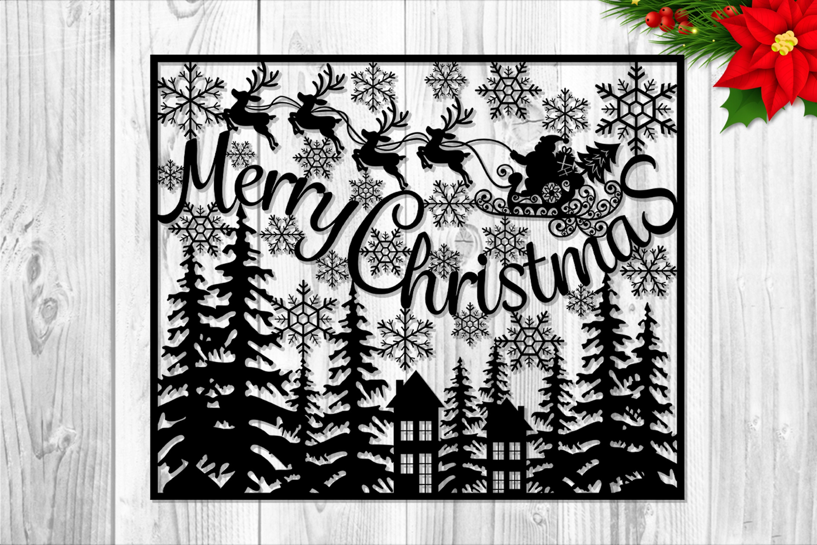 Merry Christmas Scene Silhouette Rectangle Design SVG Clipart Decor ...