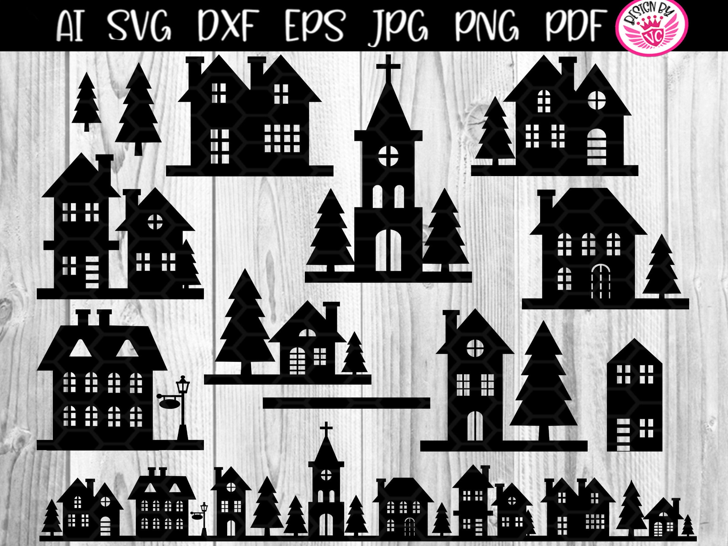 Vinyl Cut Files Christmas Night Buildings Scene SVG Silhouette Design ...