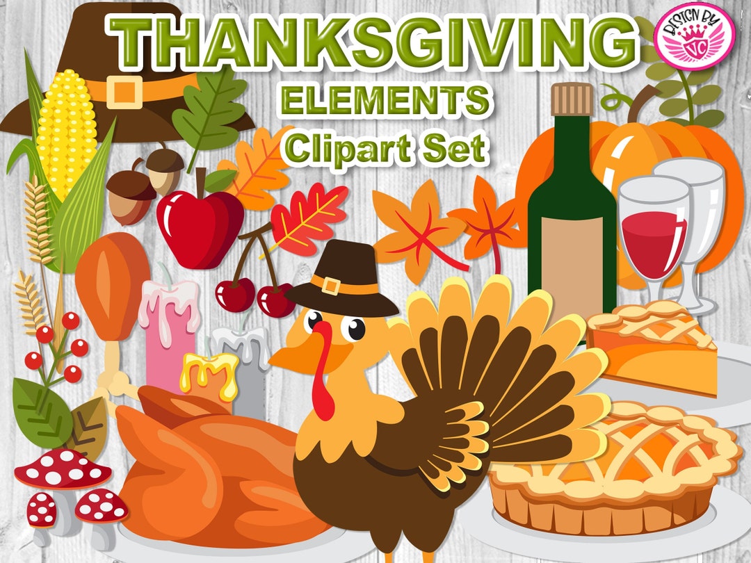 Thanksgiving Clipart Stickers, Turkey, Pumpkin, Fall Elements (SVG, PNG ...