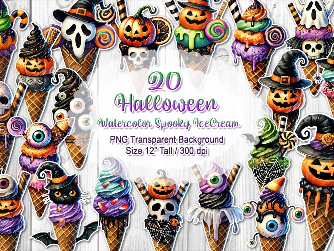 Halloween Ice Cream Clipart | Spooky Watercolor PNG (digital Download ...