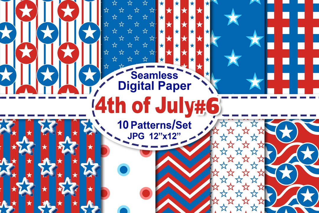 4th of July Digital Paper Set 6 - Red White and Royal Blue American ...