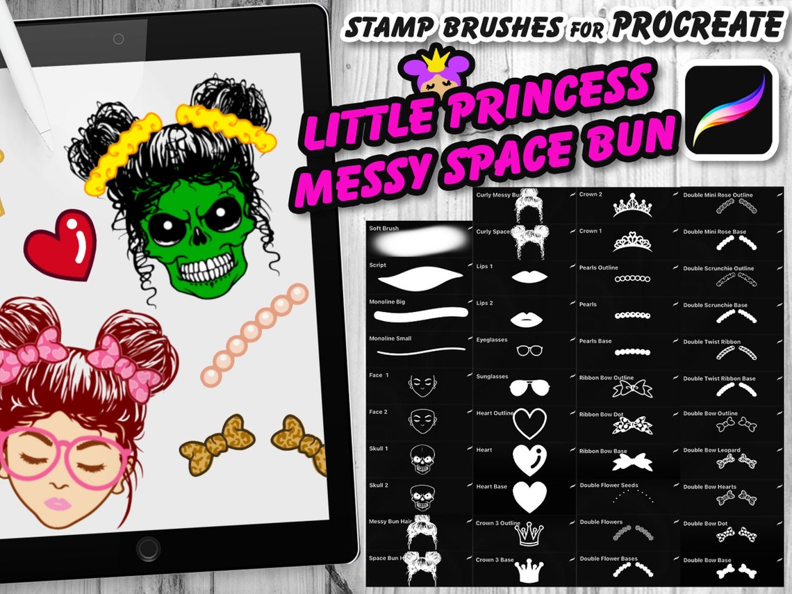 Little Princess Messy Space Bun & Skull Lady Stamp Brush Set | Etsy