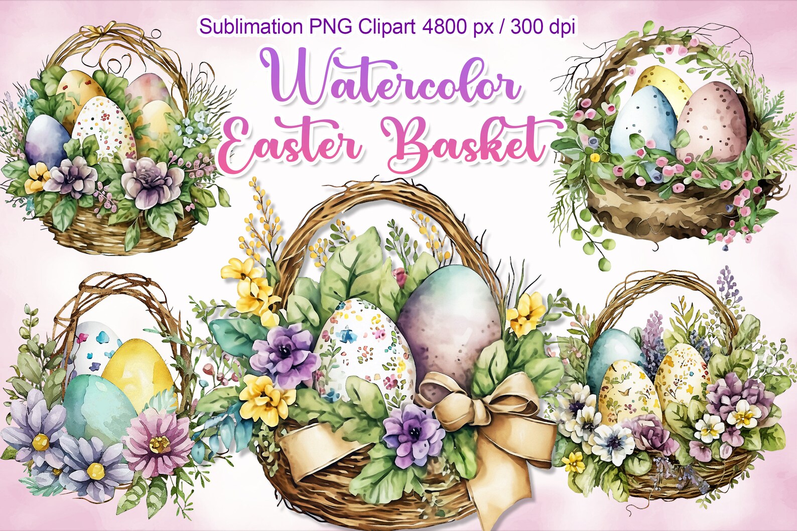 Easter Eggs in Floral Basket Watercolor Painting Clipart Sublimation ...