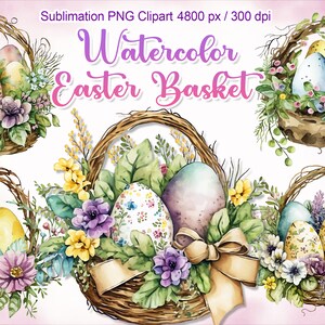 Easter Eggs in Floral Basket Watercolor Painting Clipart Sublimation ...