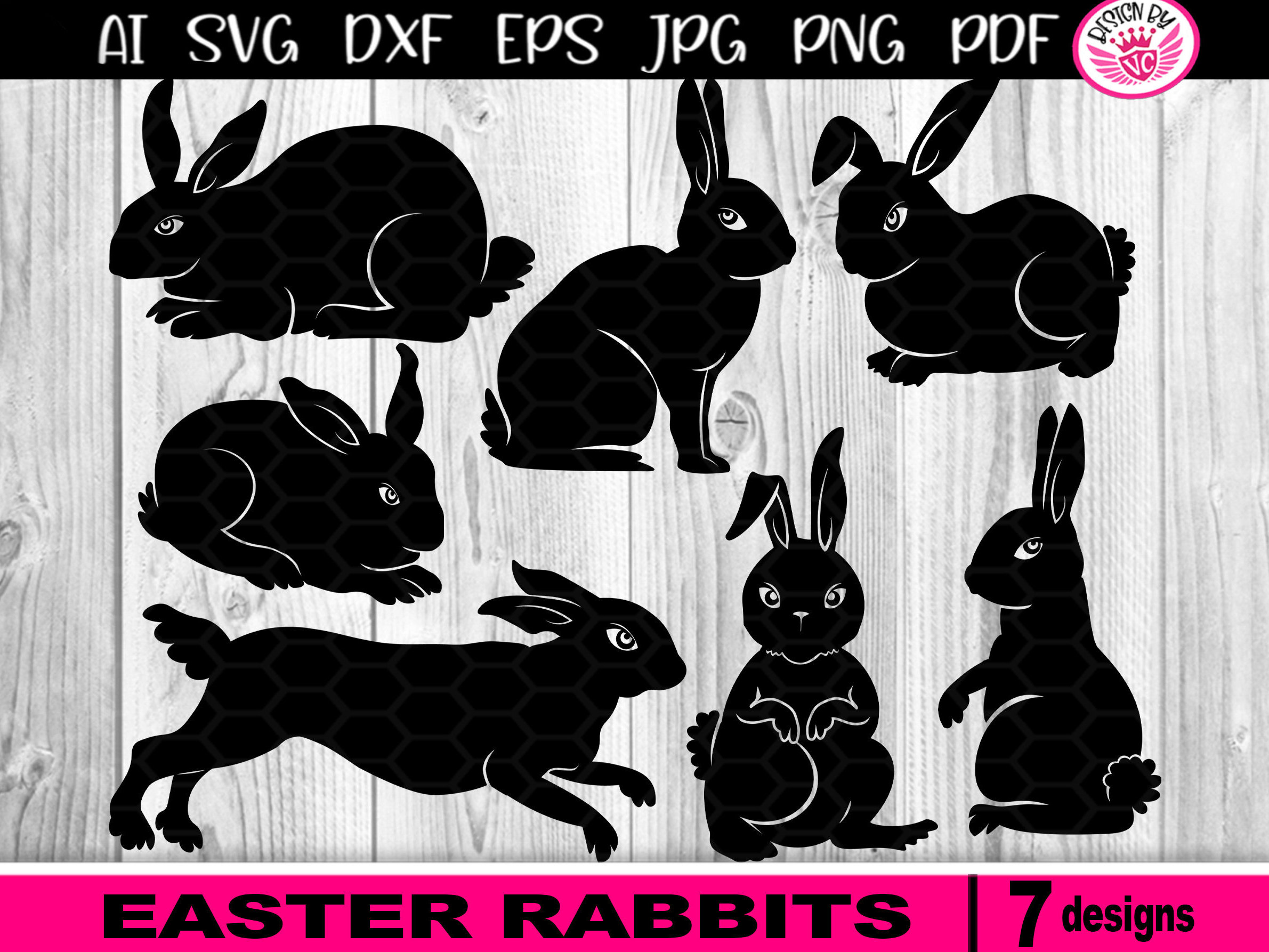 Easter Rabbit SVG 7 Designs Bunny Cut Files Silhouette Clipart Design ...