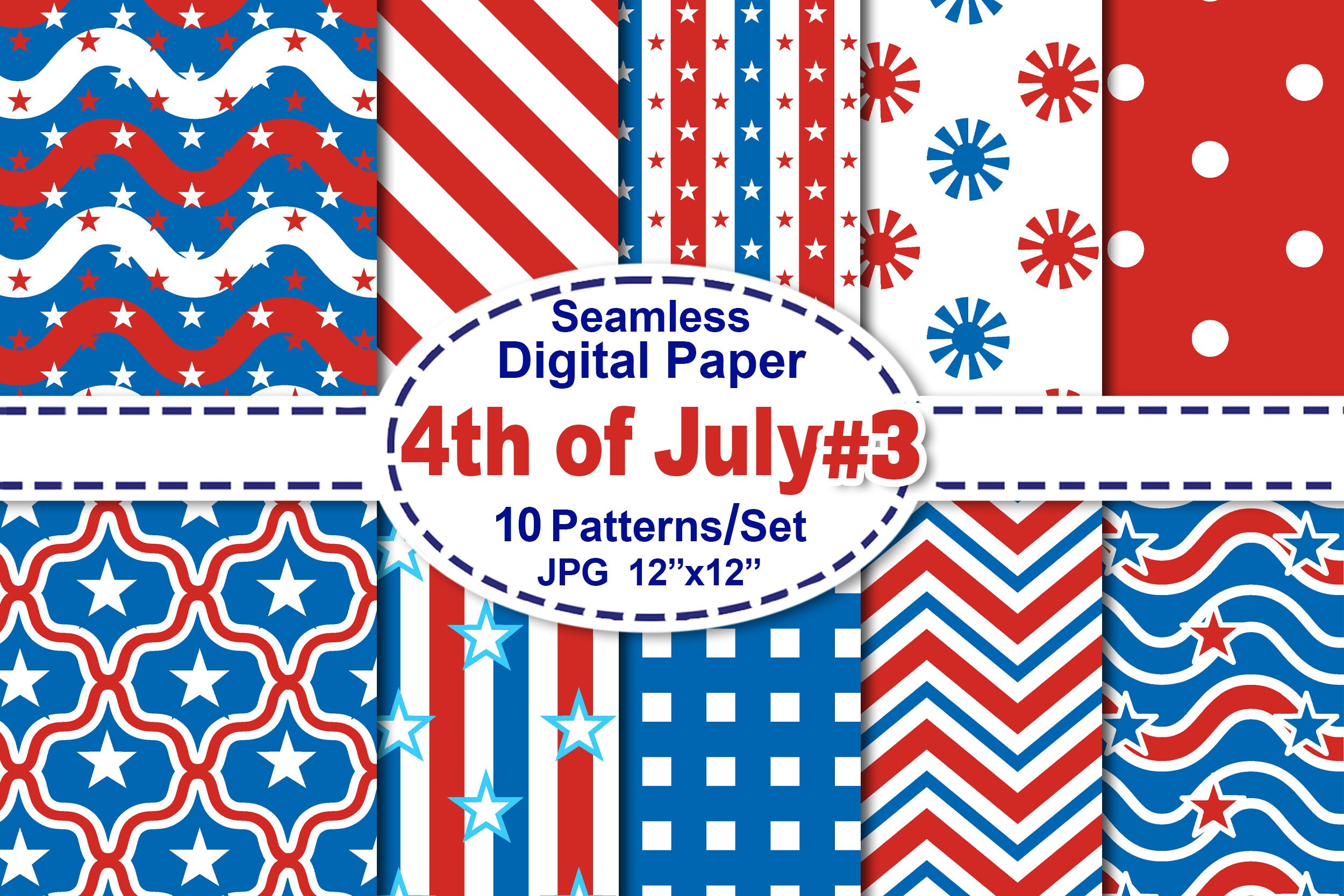 4th of July Digital Paper Set 3 Red White and Royal Blue American Flag ...