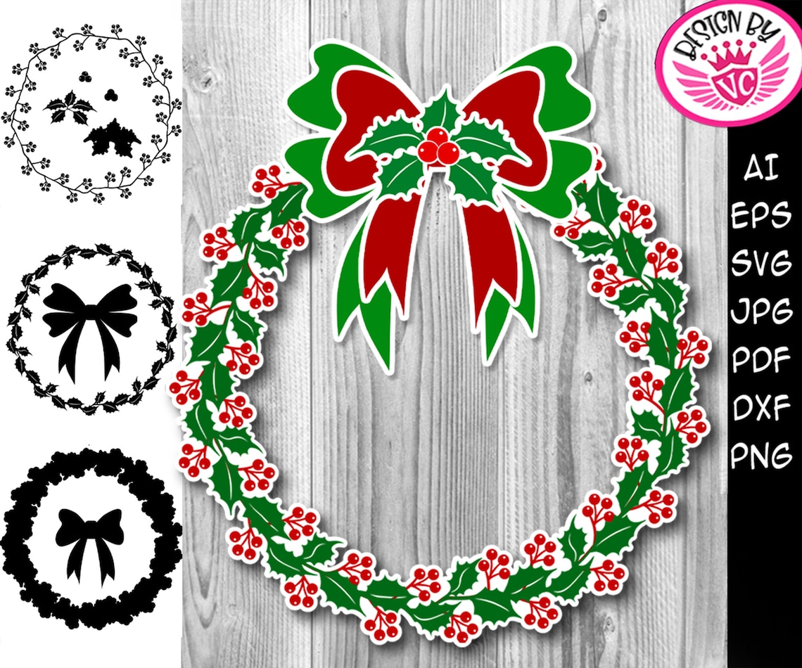 Christmas Wreath With Ribbon Bow SVG Clipart Design Elements - Etsy