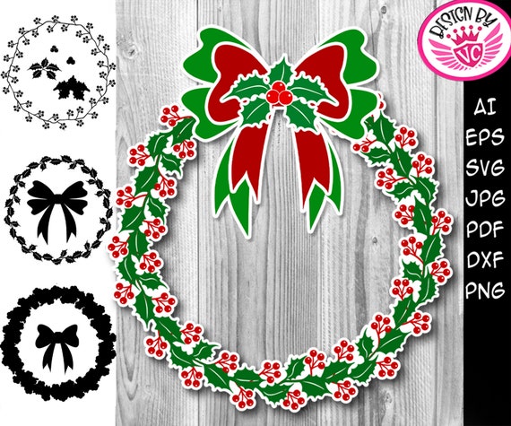 Christmas Wreath With Ribbon Bow SVG Clipart Design Elements - Etsy