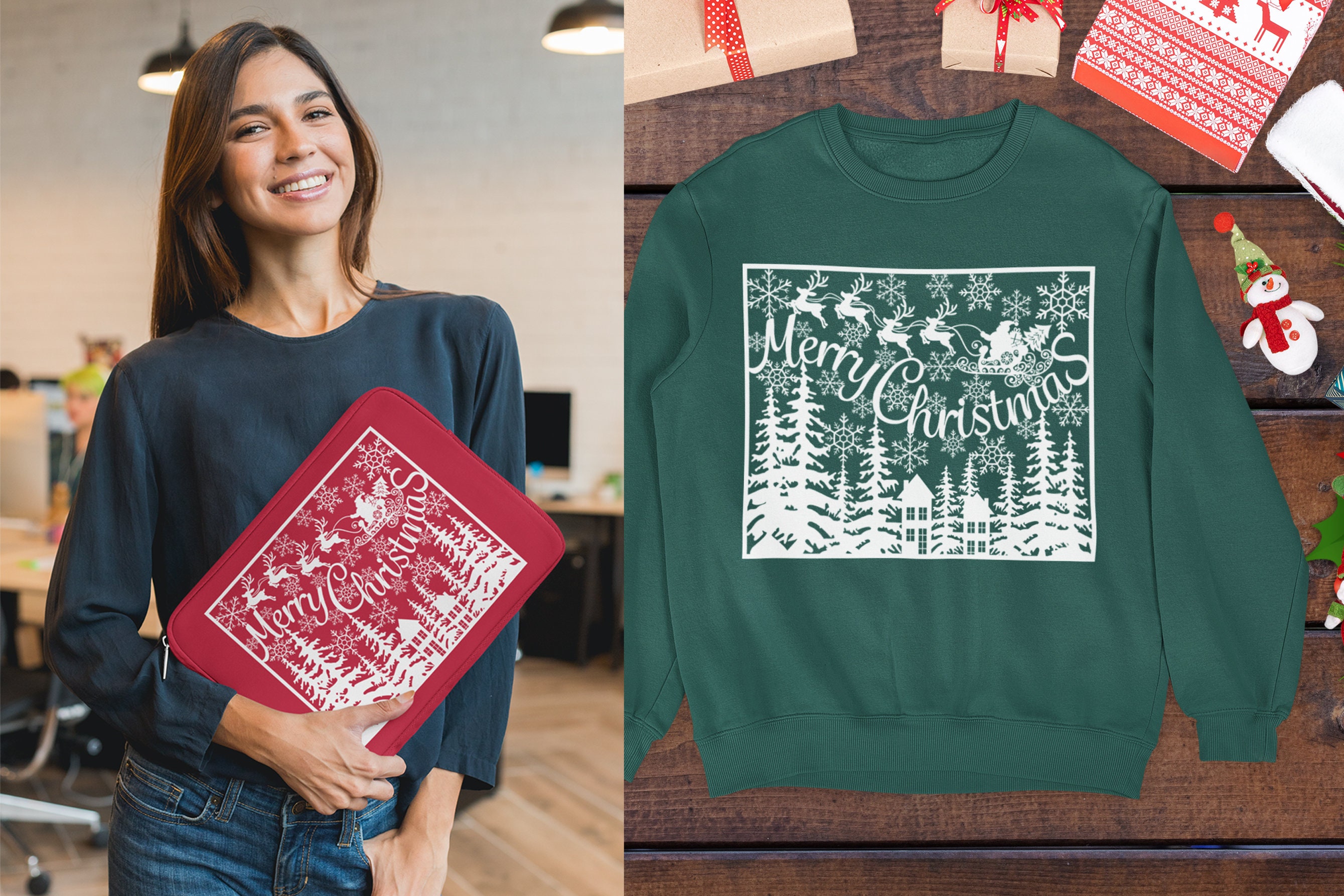 Merry Christmas Scene Silhouette Rectangle Design SVG Clipart Decor ...