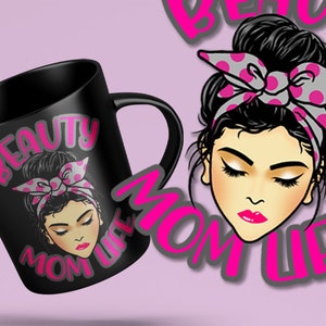 Pink Tone Beauty Messy Bun Mom Life Sublimation, Polka Dot Bandana ...