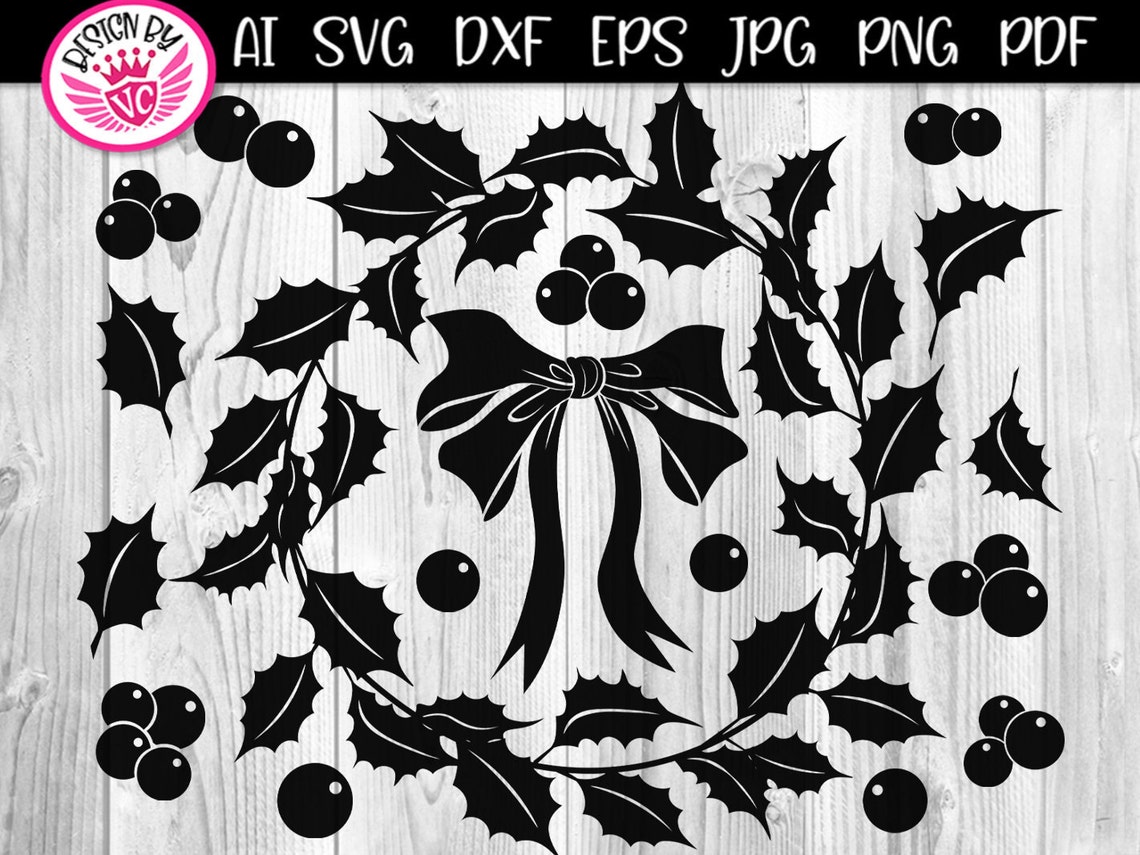 Christmas SVG Holly Wreath With Ribbon Bow Clipart Design | Etsy