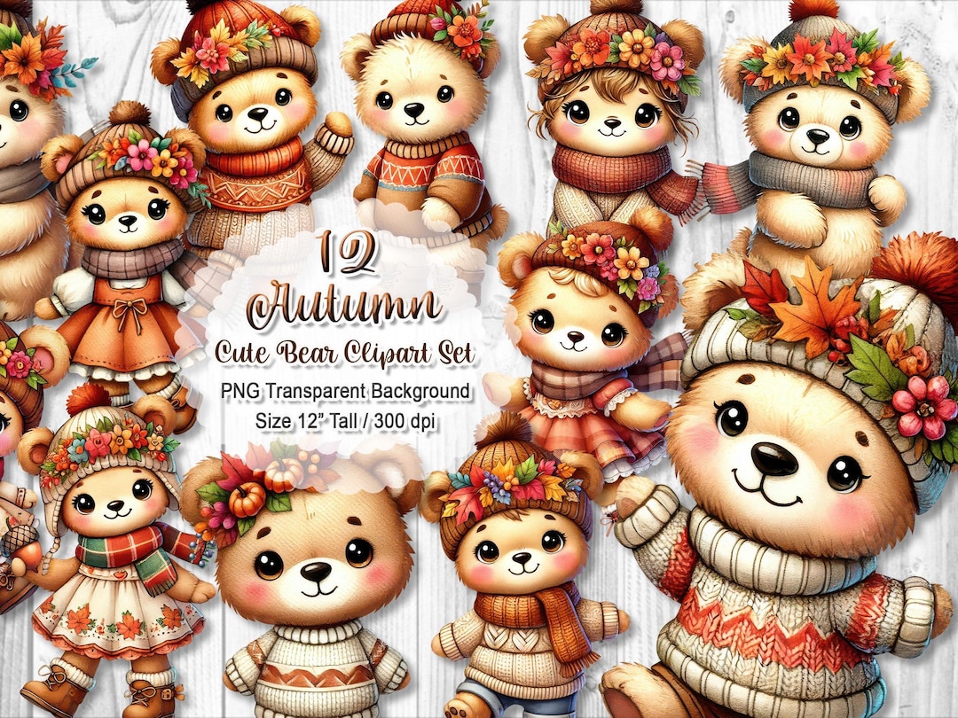 Cute Autumn Bear Clipart, Fall Animal PNG Set, Cozy Teddy Sublimation ...