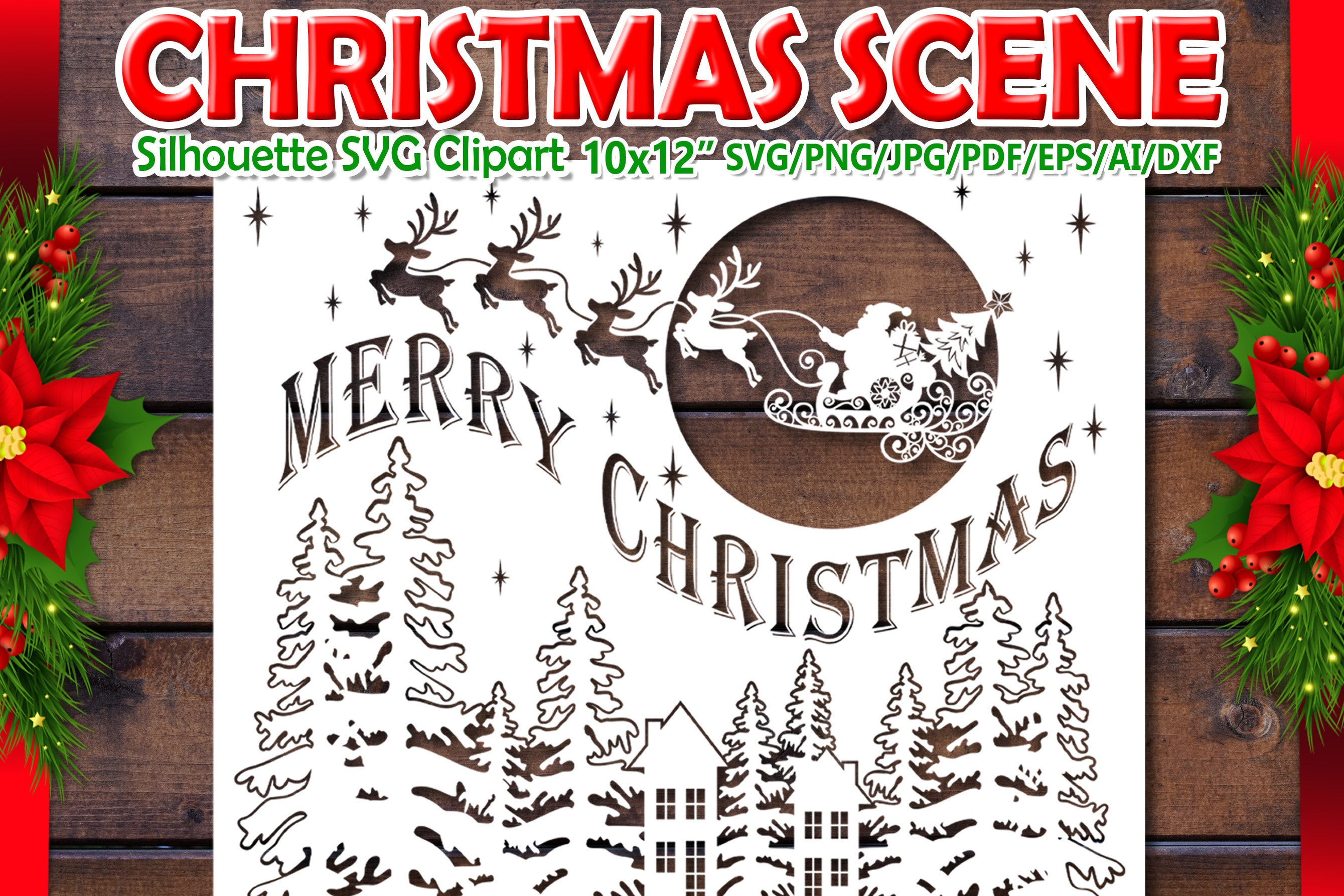 Christmas Scene Silhouette Design SVG Clipart Rectangle Decor Clip Art ...