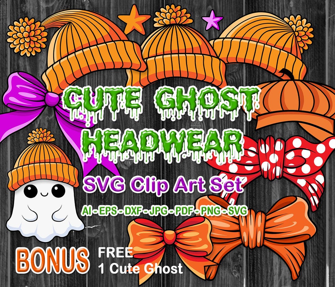 Halloween Cute Ghost Headwear Set SVG Digital Download Beany Hat, Bandana & Bow, Laser Cut Files ...