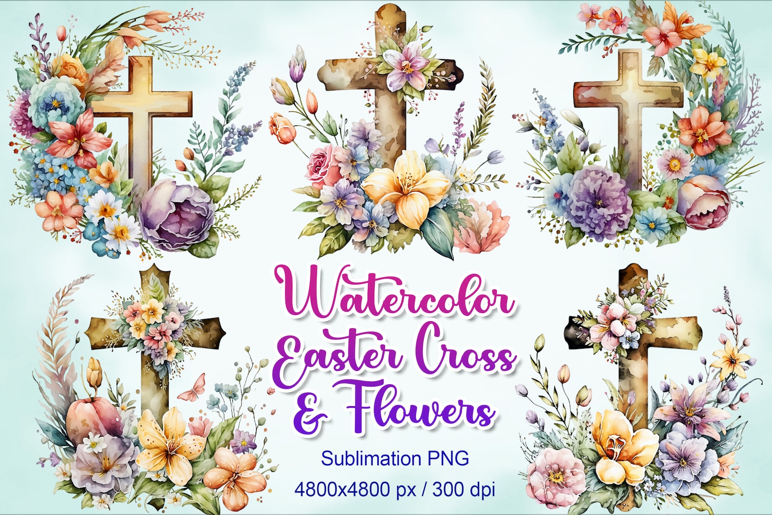 Easter Cross With Flowers Wreath Watercolor Painting Clipart ...