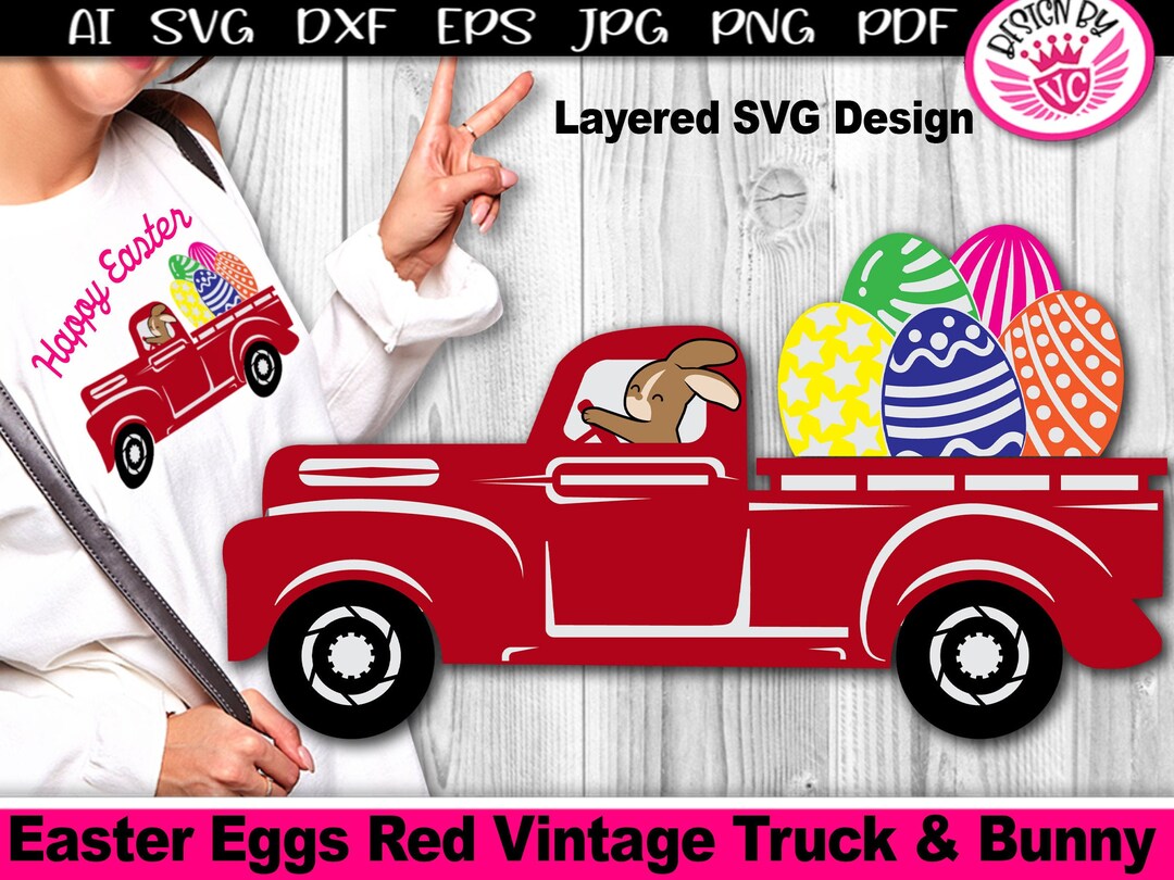 Easter Bunny & Eggs on Red Vintage Truck Clipart Layered SVG Design ...