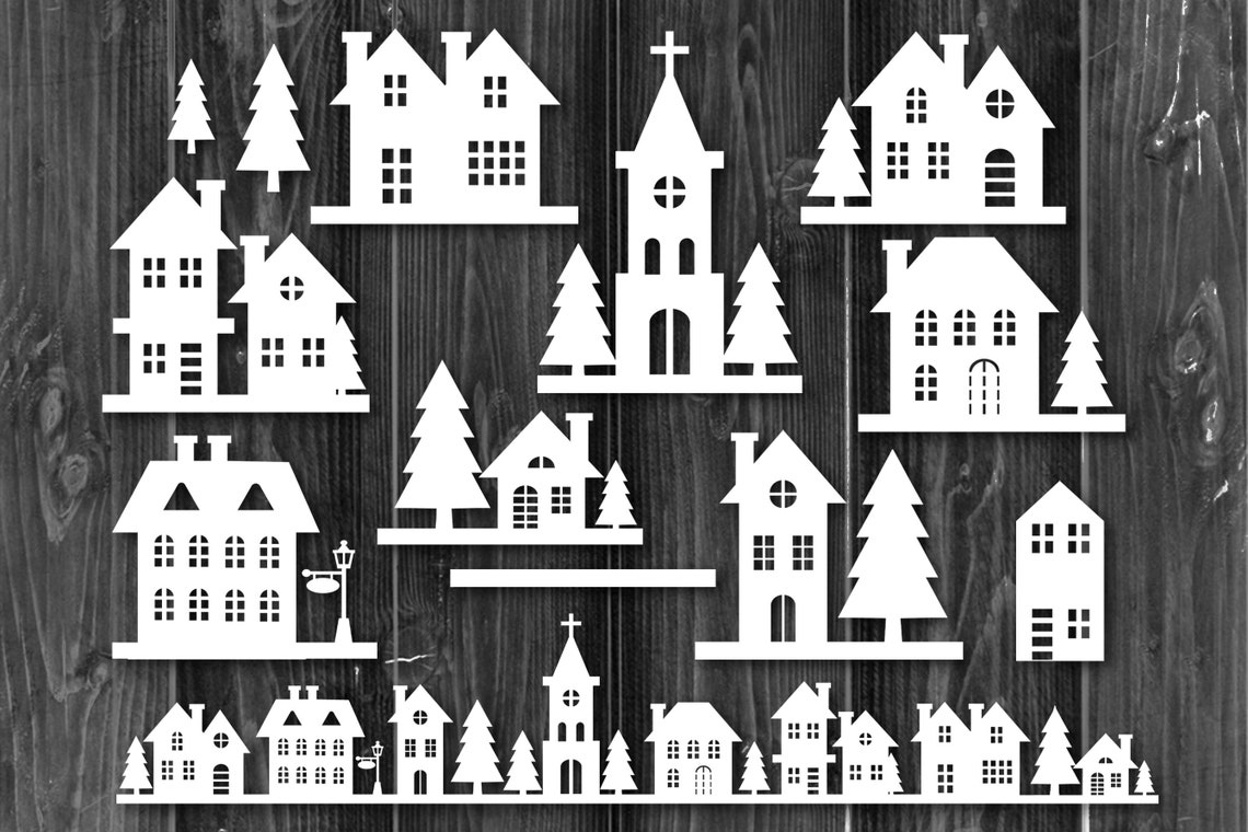 Christmas Night Buildings Scene SVG Silhouette Design Clipart - Etsy