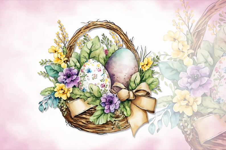 Easter Eggs in Floral Basket Watercolor Painting Clipart Sublimation ...