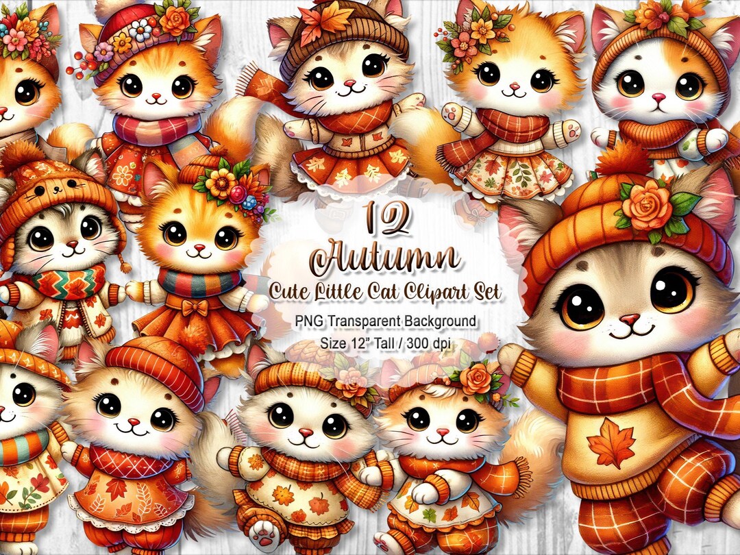 Autumn Kitten Clipart Set, Watercolor Fall Cat PNG (digital Download ...