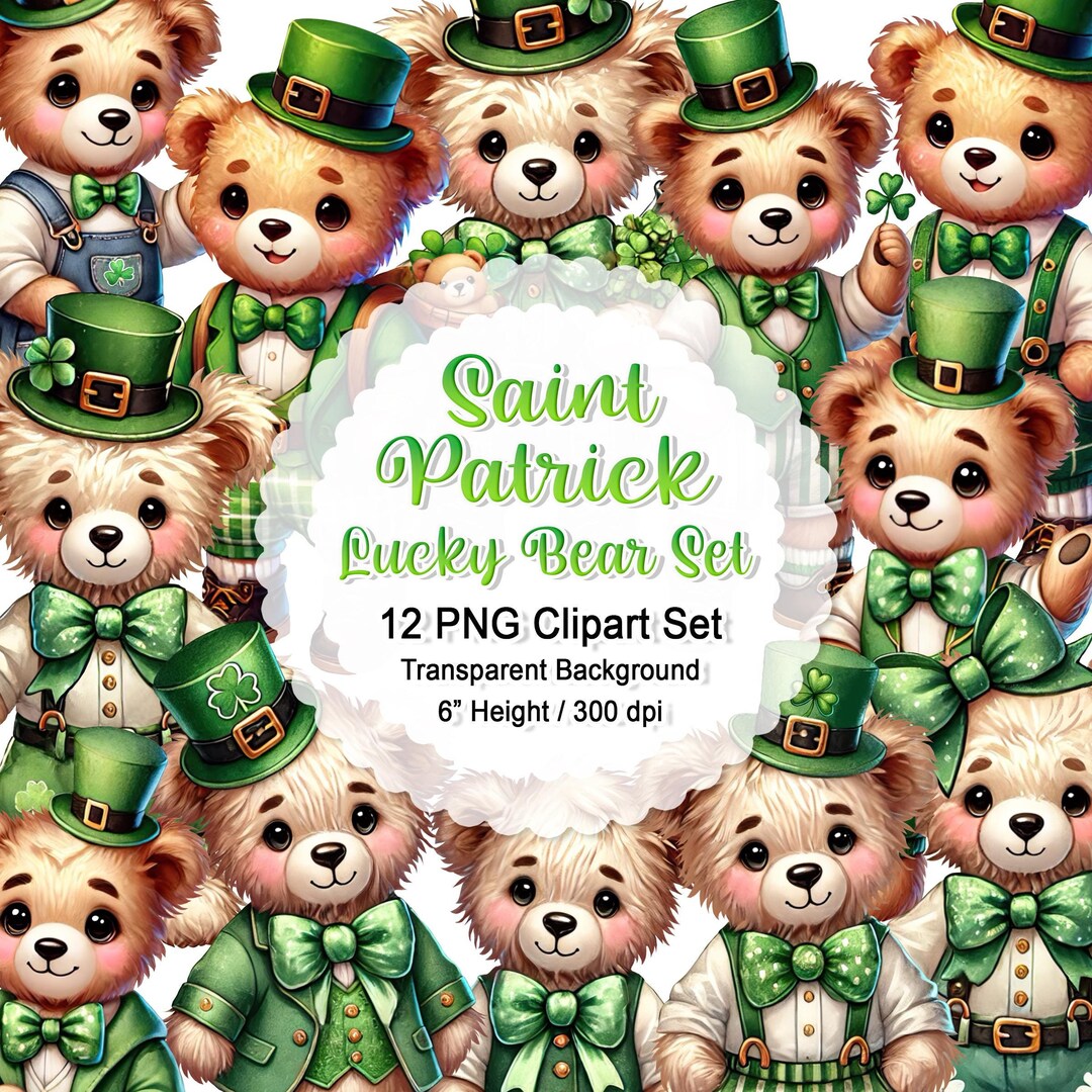 St. Patrick's Day Teddy Bear Clipart | Watercolor Shamrock PNG (digital ...