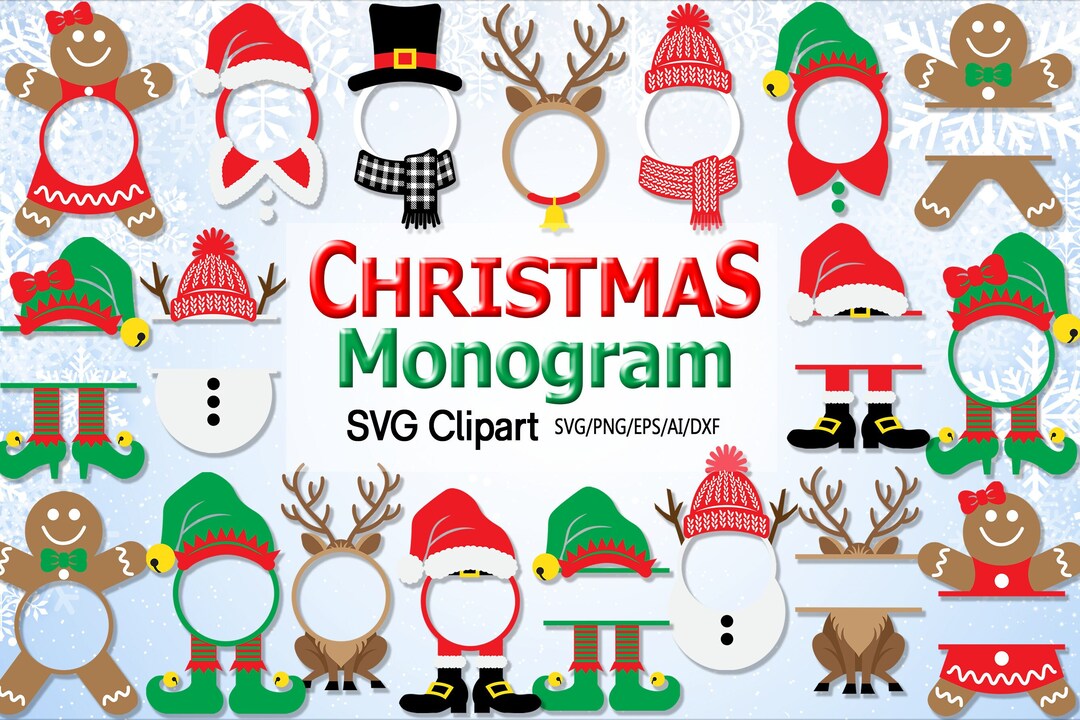 Christmas Character Monogram SVG, Santa Claus, Snowman, Reindeer, Elf ...