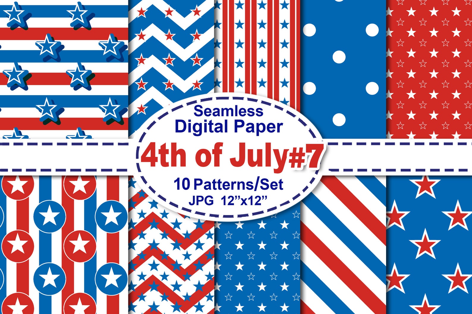 4th of July Digital Paper Set 7 Red White and Royal Blue American Flag ...