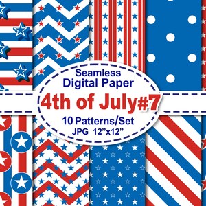 4th of July Digital Paper Set 7 - Red White and Royal Blue American ...