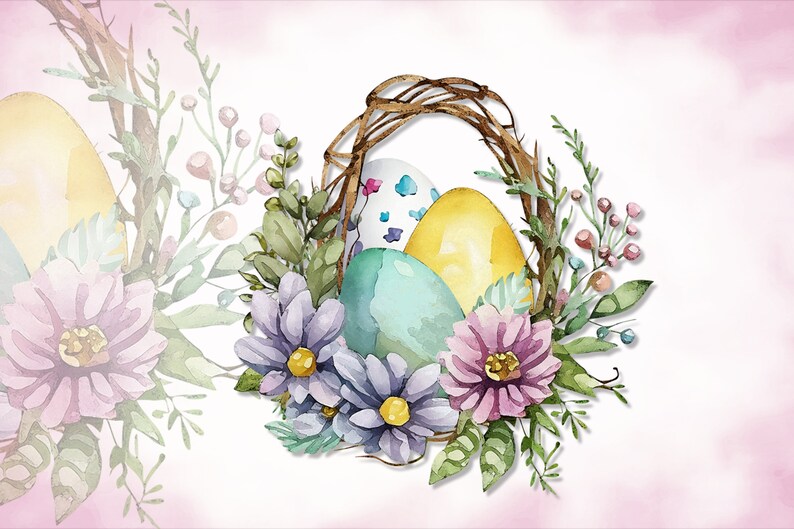 Easter Eggs in Floral Basket Watercolor Painting Clipart Sublimation ...