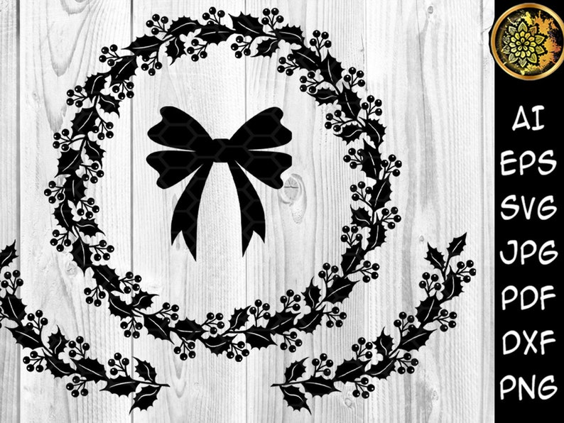 Christmas SVG Silhouette Holly Wreath With Ribbon Bow Clipart Design ...