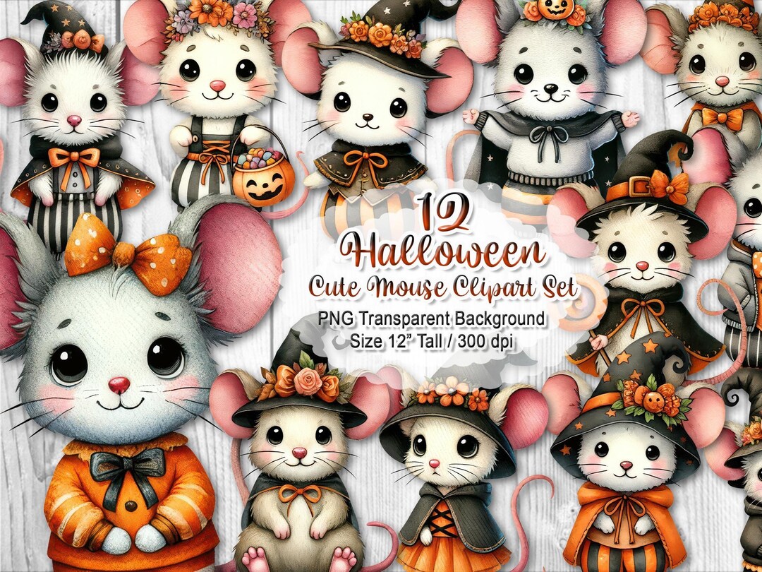 Halloween Cute Mouse Clipart PNG Set | 12 Halloween Mice in Spooky ...