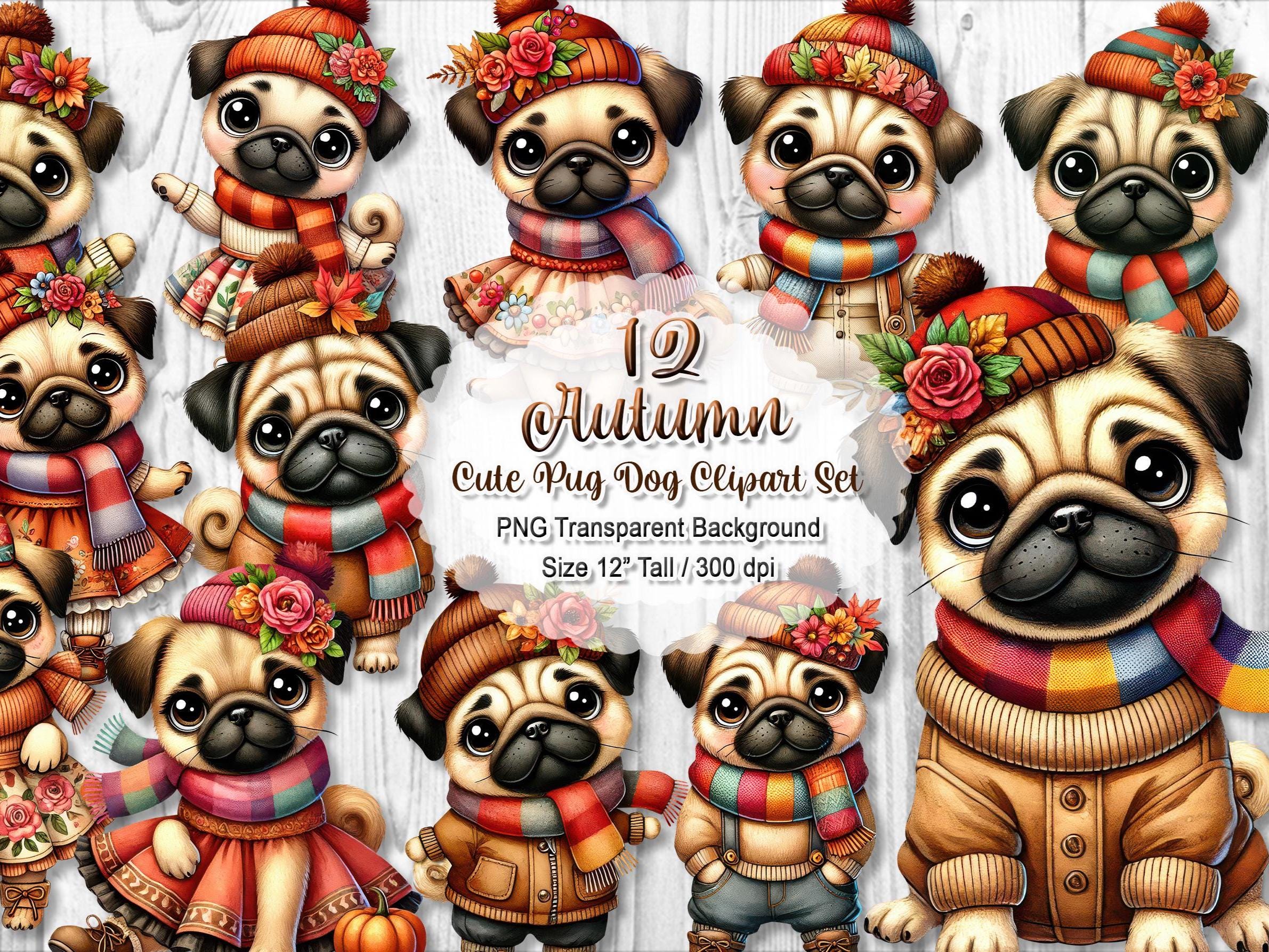 Cute Autumn Pug Clipart, Fall Dog PNG Bundle, Cozy Puppy Sublimation ...
