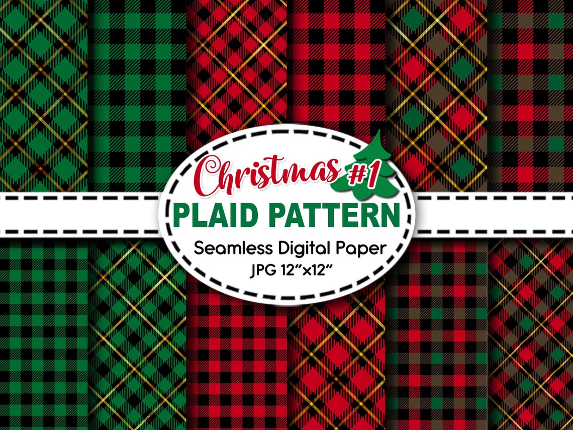12 Christmas Plaid Pattern With Gold Glitter Decorations Seamless ...
