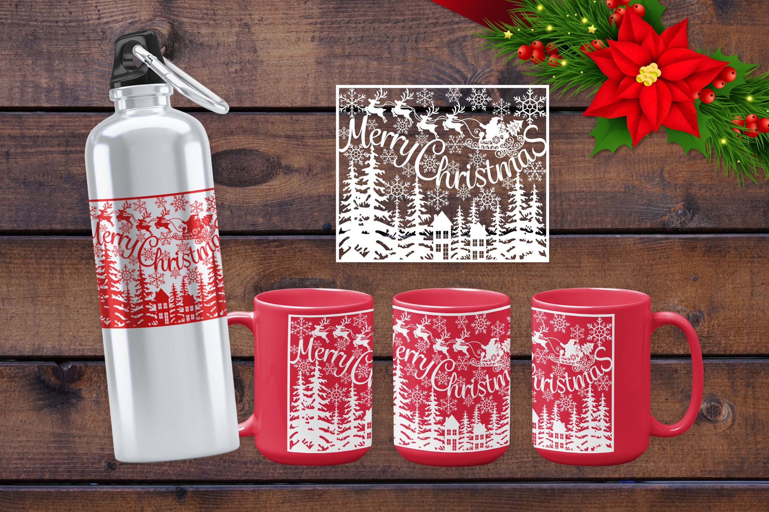 Merry Christmas Scene Silhouette Rectangle Design SVG Clipart Decor ...