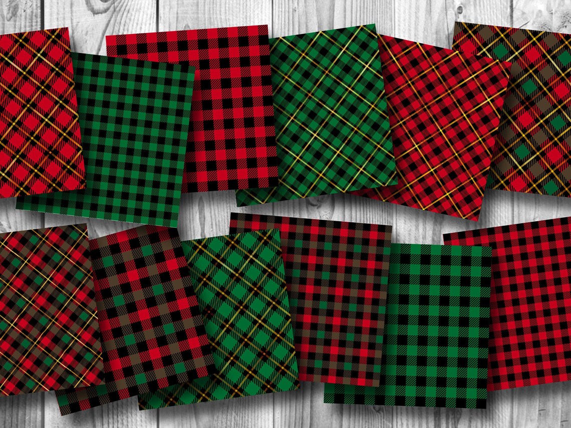 12 Christmas Plaid Pattern With Gold Glitter Decorations Seamless ...