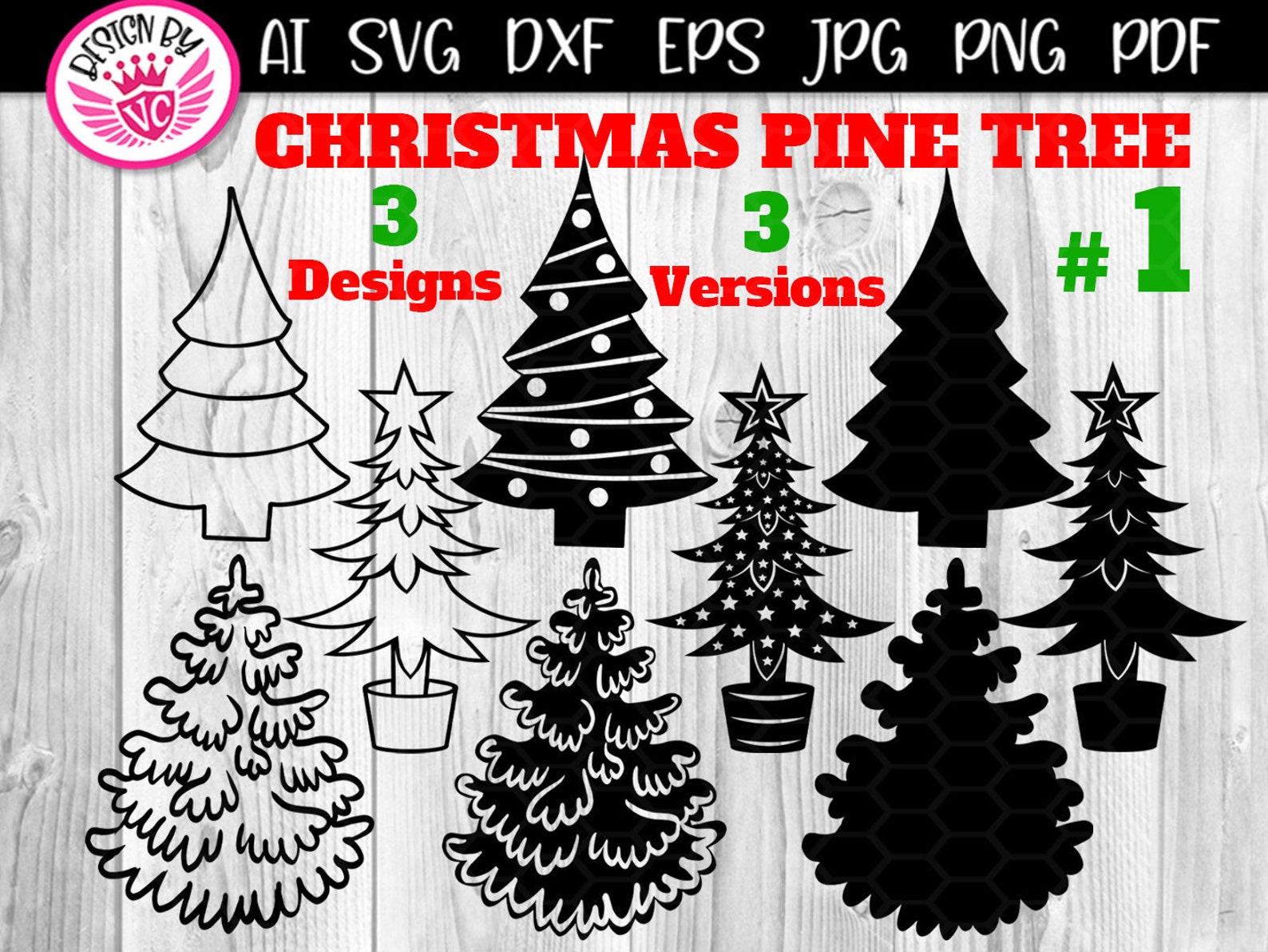 Christmas SVG Pine Tree Clipart 3 Designs Set 1 Decor - Etsy
