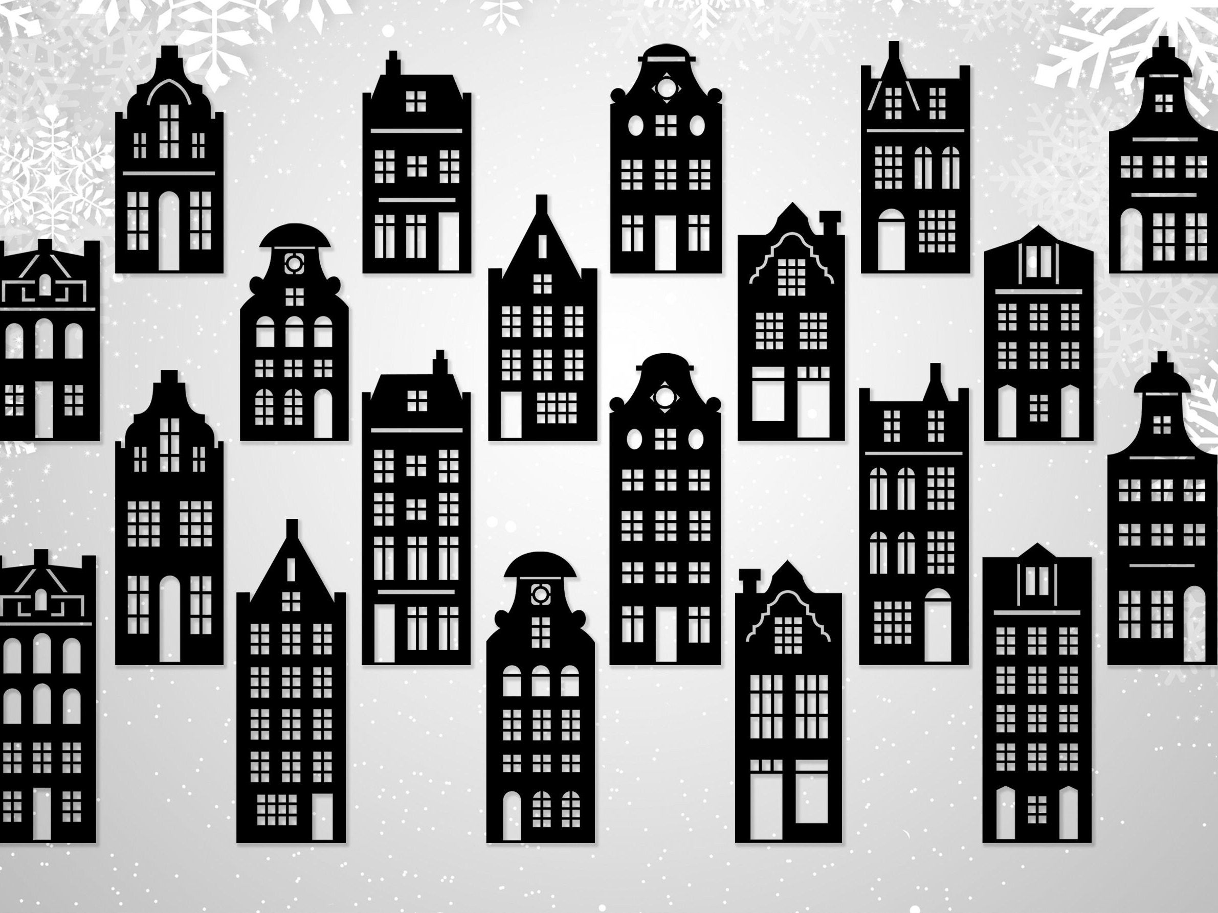 Vintage Buildings SVG 3 Designs, Silhouette Outline White BG Separated ...
