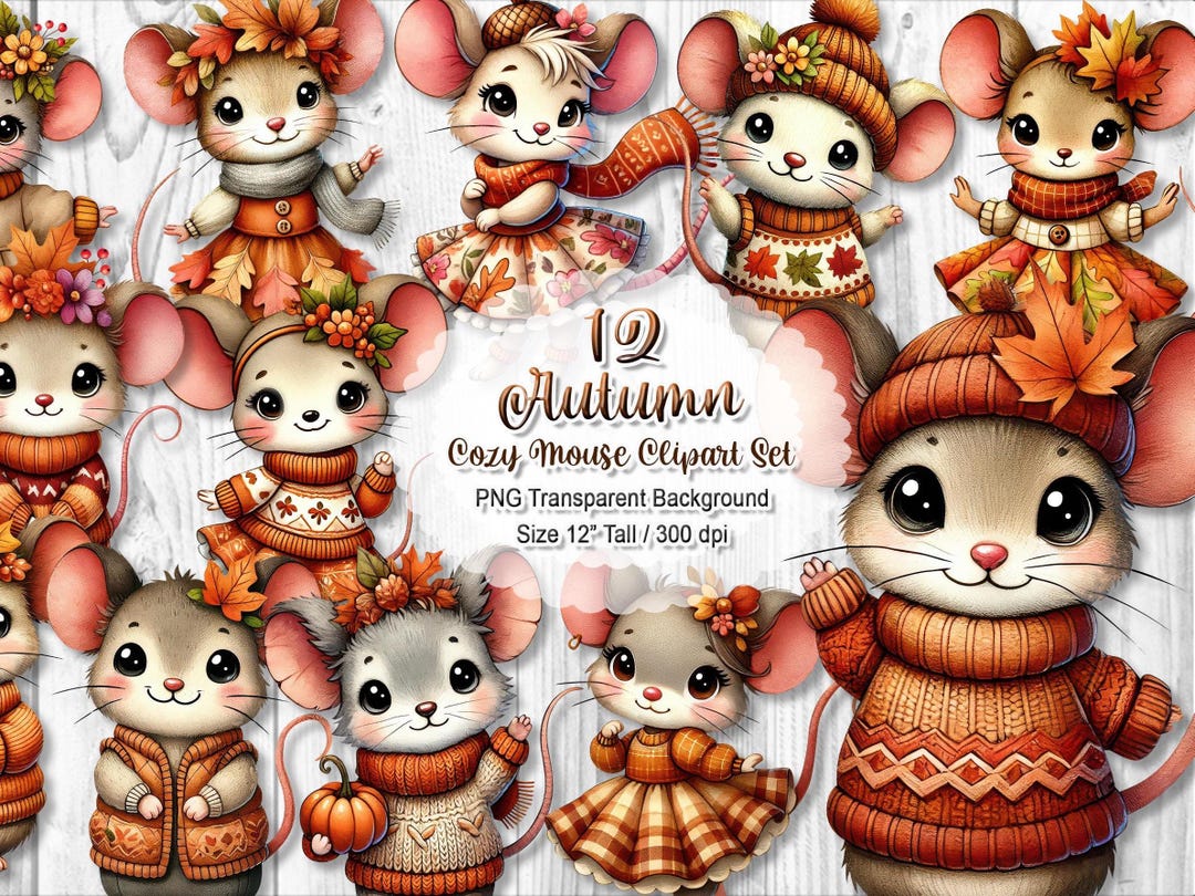 Cozy Autumn Mouse Clipart, Fall Mouse PNG Set, Cute Animal Sublimation ...