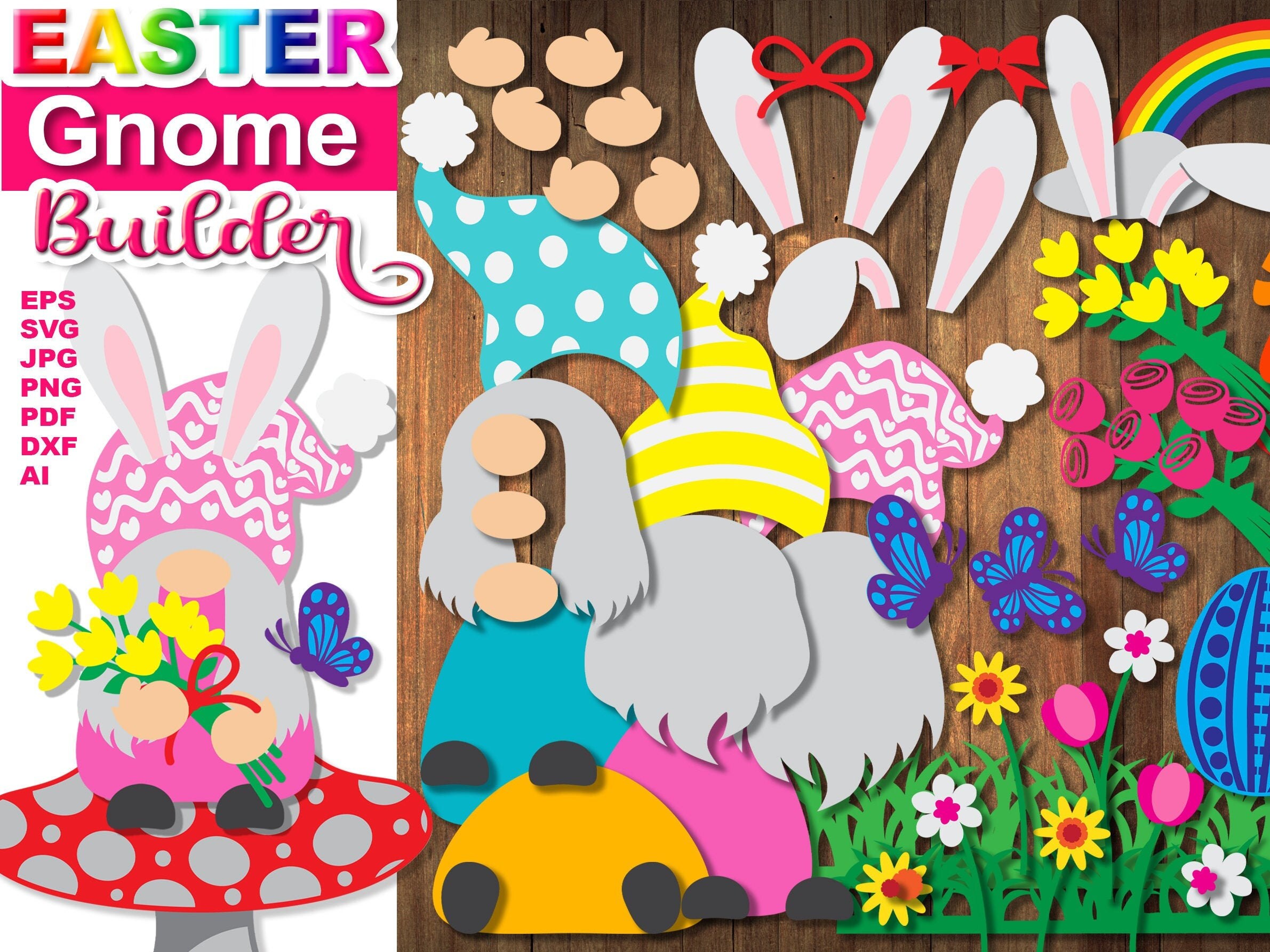 Easter Bunny Gnome Builder SVG Clipart Set Layered Design Elements ...