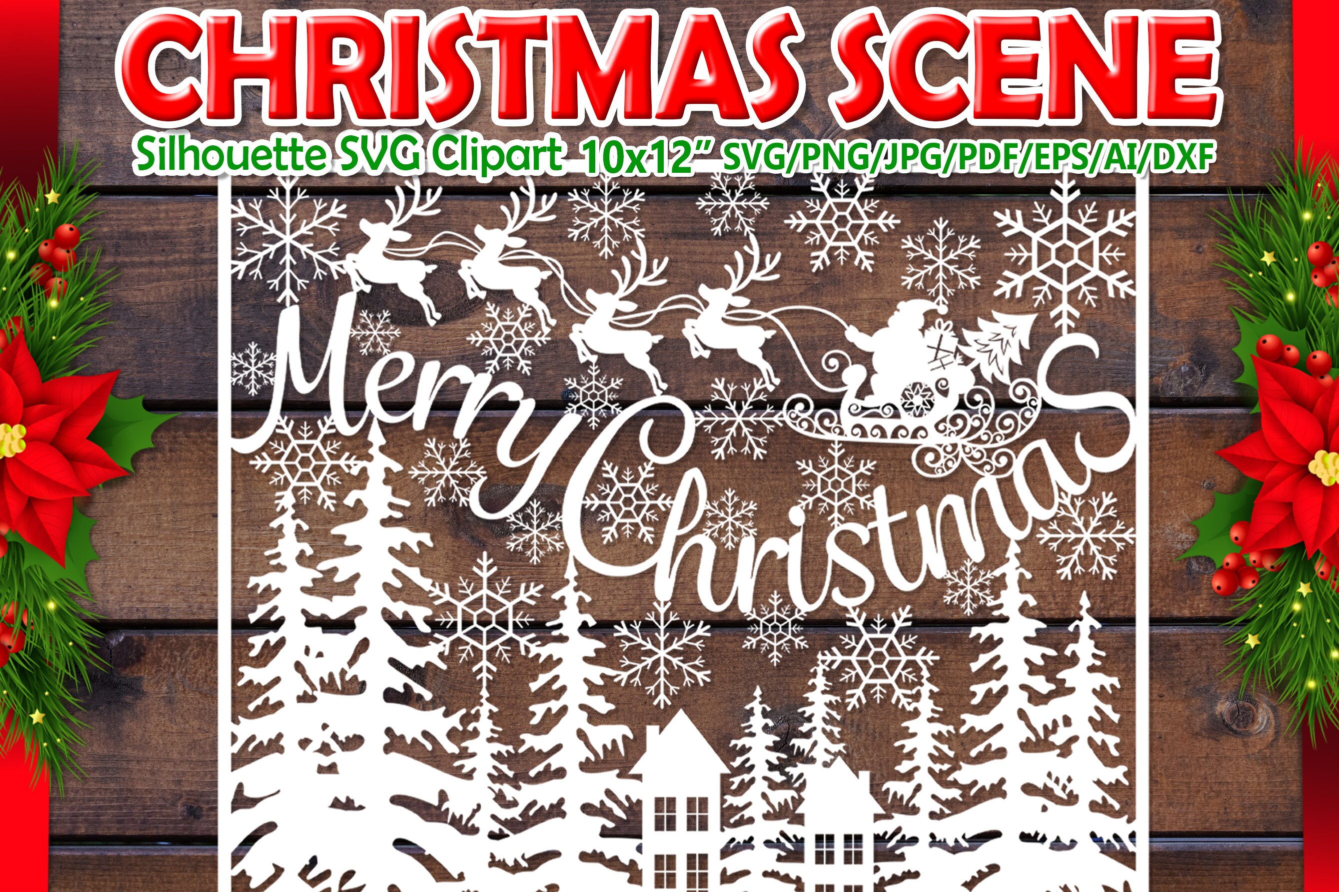 Merry Christmas Scene Silhouette Rectangle Design SVG Clipart Decor ...